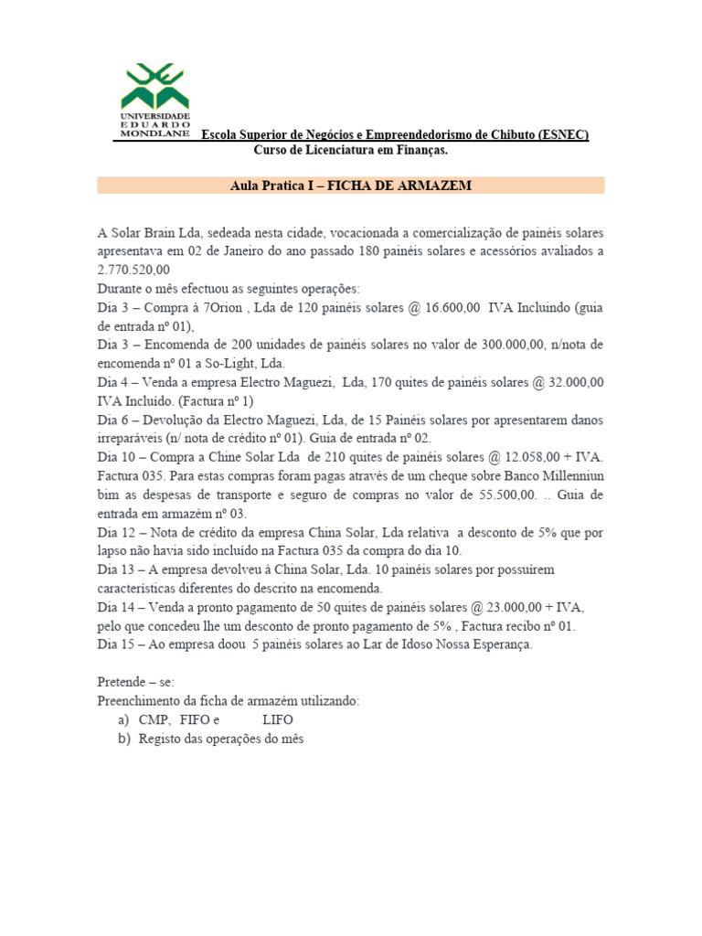 Correccao Aula Pratica FICHA de ARMAZEM | PDF | Imposto sobre Valor Agregado (IVA) | Indústrias ...