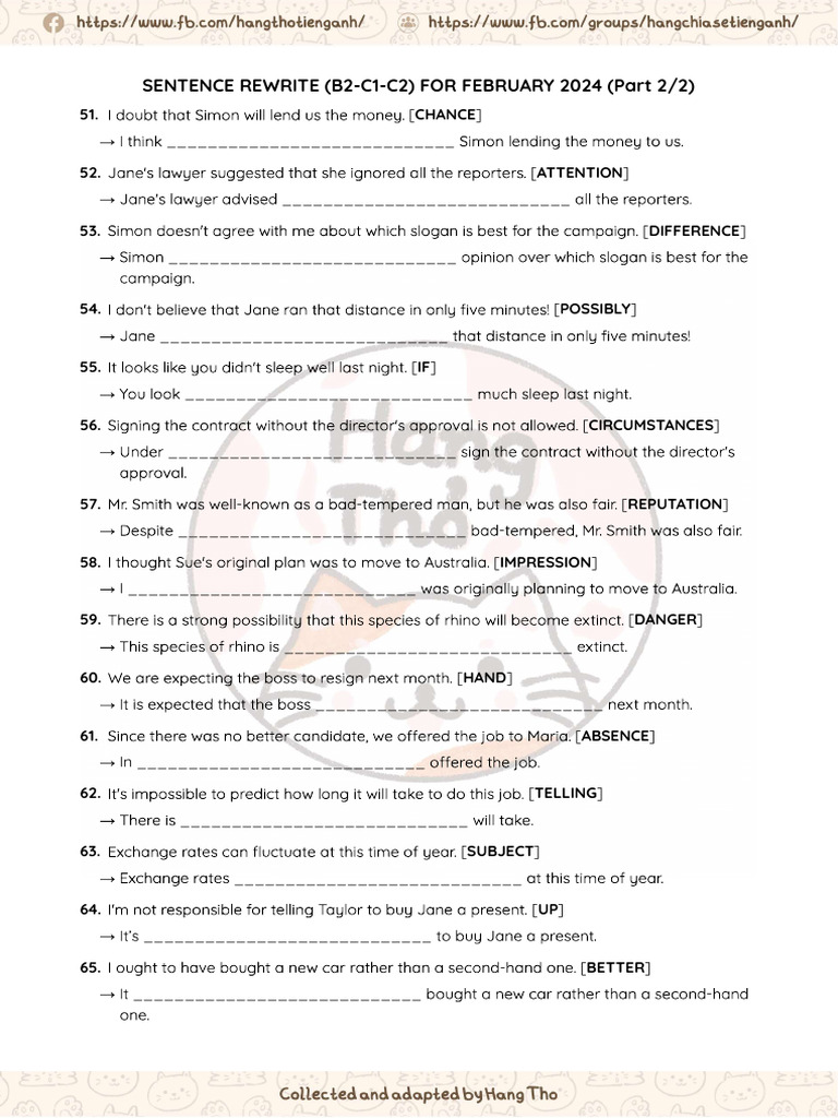 (Hang Thỏ) Sentence Rewrite for Feb 2024 (Part 2) | PDF