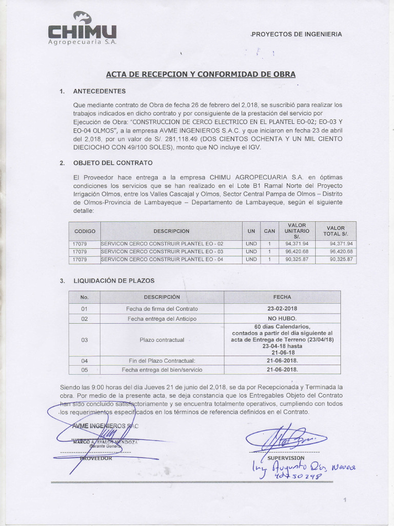 Acta de Recepcion y Conformidad de Obra | PDF