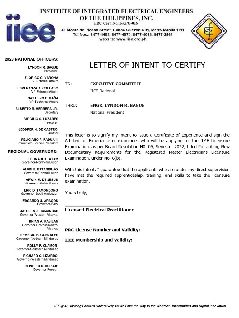 Letter of Intent To Certify | PDF