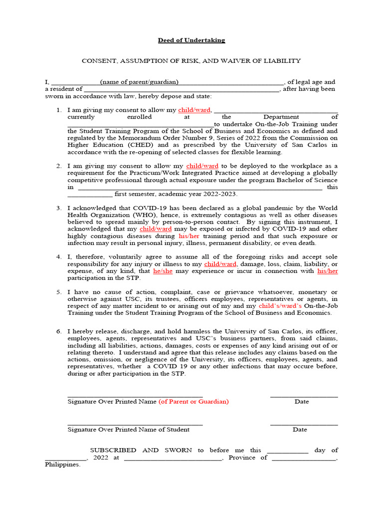 (Template) Form 2 Deed of Undertaking | PDF | Consent