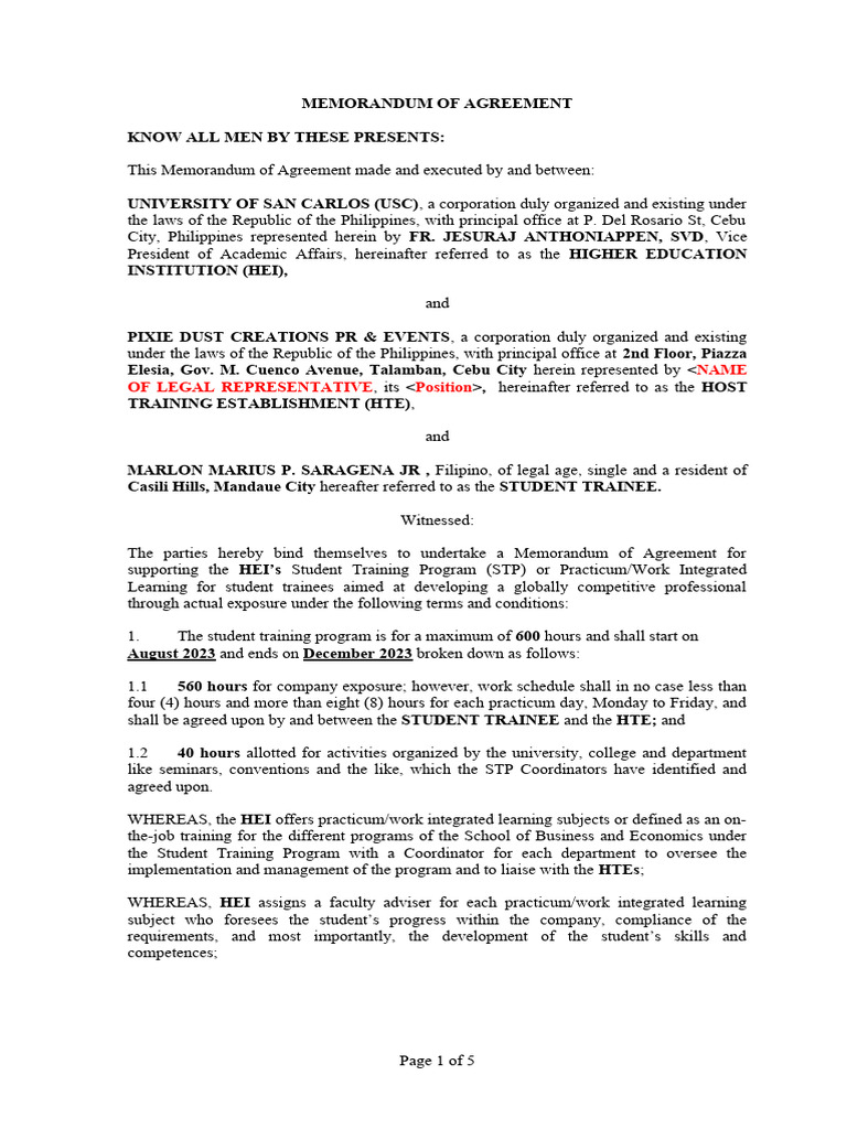 Form 08 Memorandum of Agreement (SARAGENA) | Download Free PDF | Employment | Business