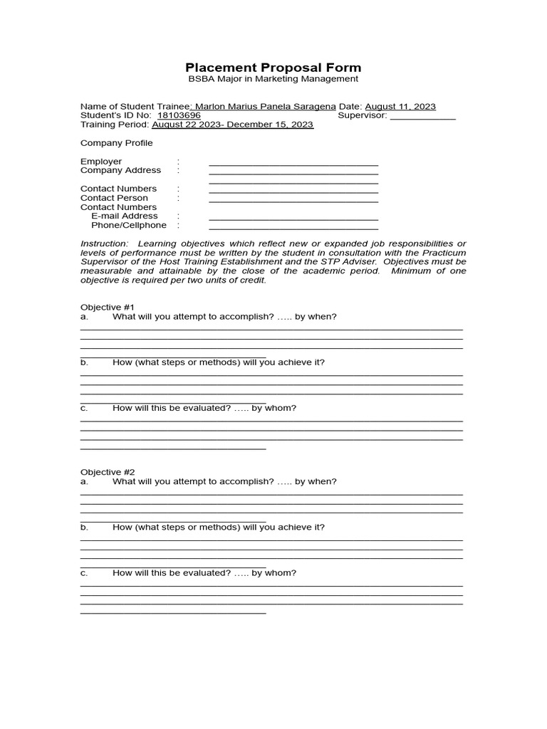 Form 06 Placement Proposal Form (SARAGENA) | PDF | Career & Growth ...