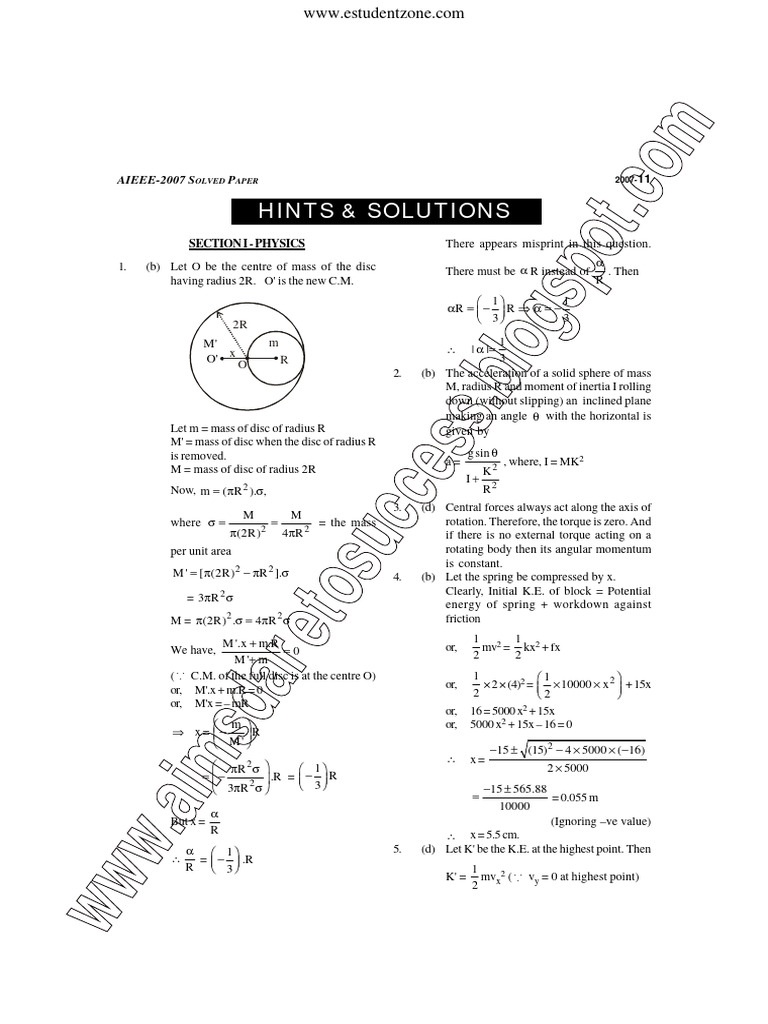 AIEEE 2007 Solutions | PDF | Torque | Rotation
