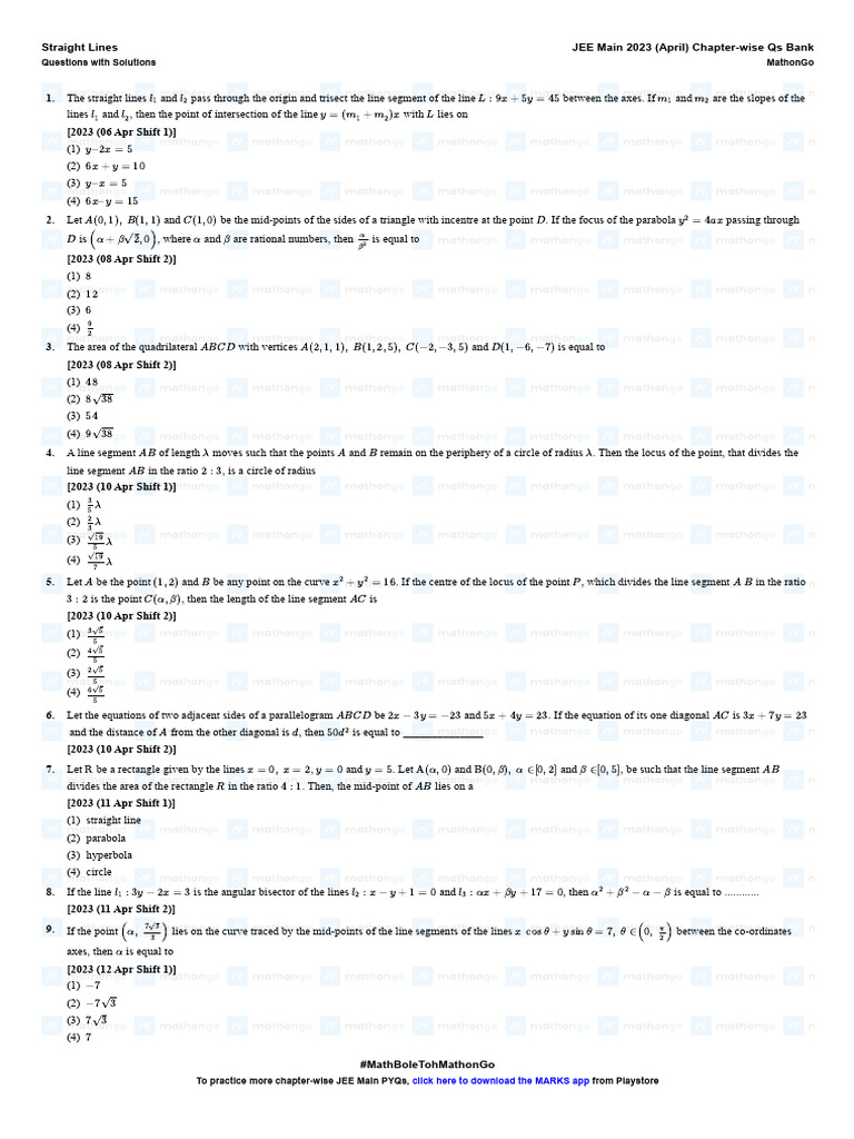 Straight Lines - JEE Main 2023 MathonGo | PDF | Circle | Triangle