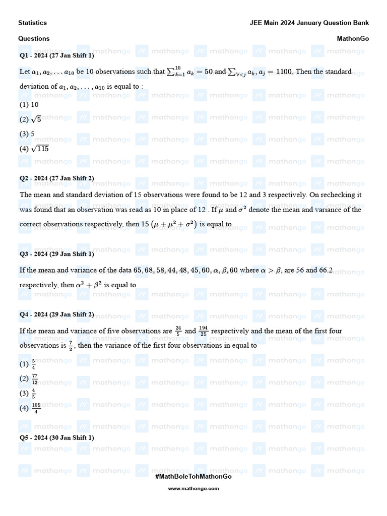 Statistics Question Bank - MathonGo | PDF | Probability Theory | Mathematical Analysis