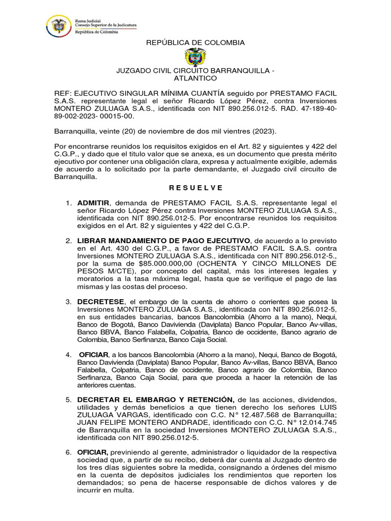 Auto Admisorio de Proceso Ejecutivo | PDF | Bancos