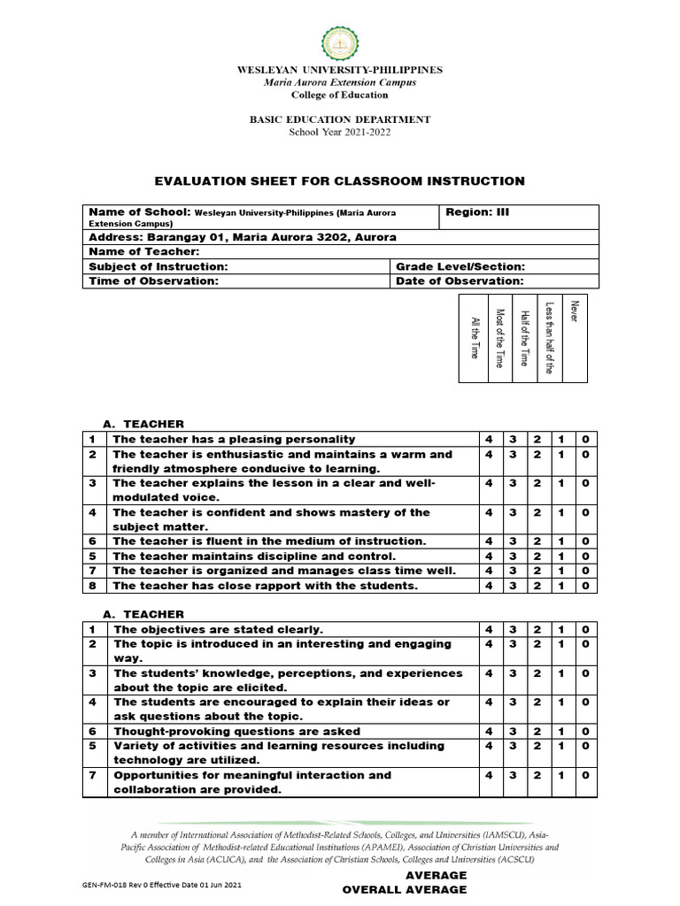 Class Obsrvation Tool | PDF | Teachers | Learning