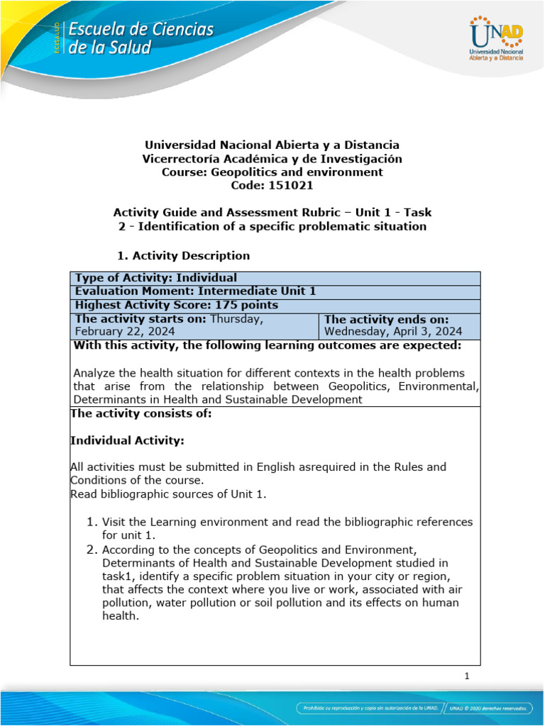 Activity Guide and Assessment Rubric - Unit 1 - Task 2 - Identification of A Specific ...