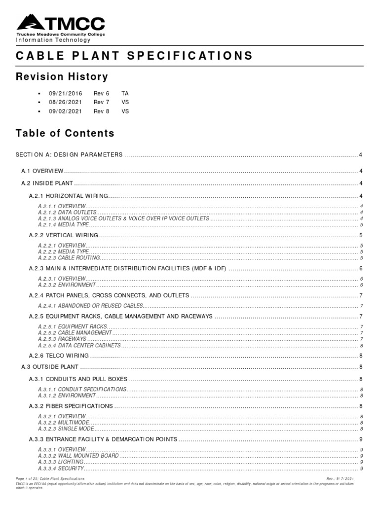 Cable Plant Specifications Guide | PDF | Optical Fiber | Electrical Wiring