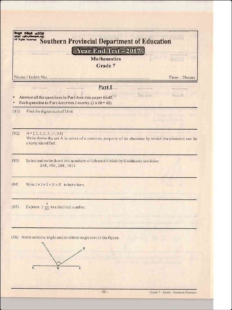 Grade 7 Maths 3rd Term Test Papers | PDF