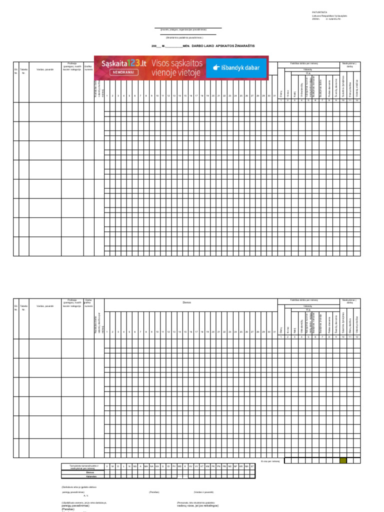 Darbo Laiko Apskaitos Ziniarastis | PDF