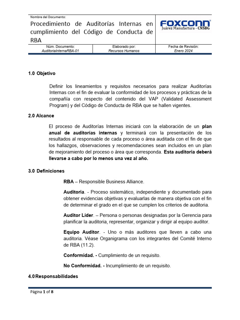 RBA-01 Procedimiento de Auditorías Internas RBA | PDF | Auditoría ...
