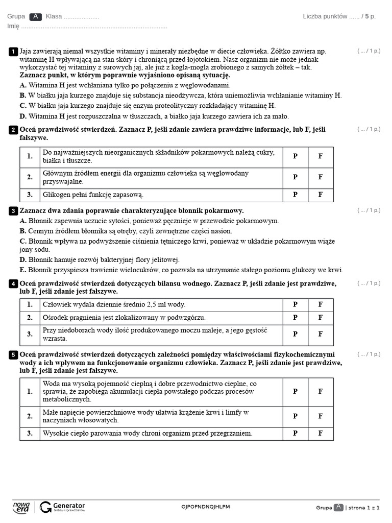 Kartkówka - Układ Pokarmowy - Lekcje 2, 3, 4 Test (Z Widoczną Punktacją ...