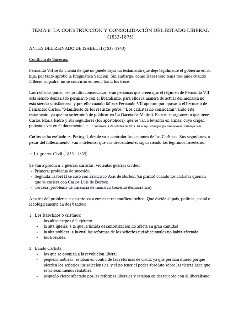 Wuolah Premium Tema 6 La Construccion y Consolidacion Del Estado Liberal 1833 1875 1 | PDF ...