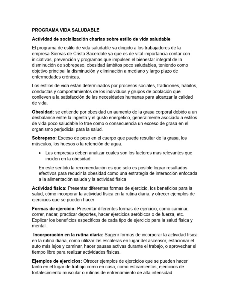 PROGRAMA VIDA SALUDABLE Empresa Siervas de Cristo Sacerdote | PDF | Cereales | Obesidad