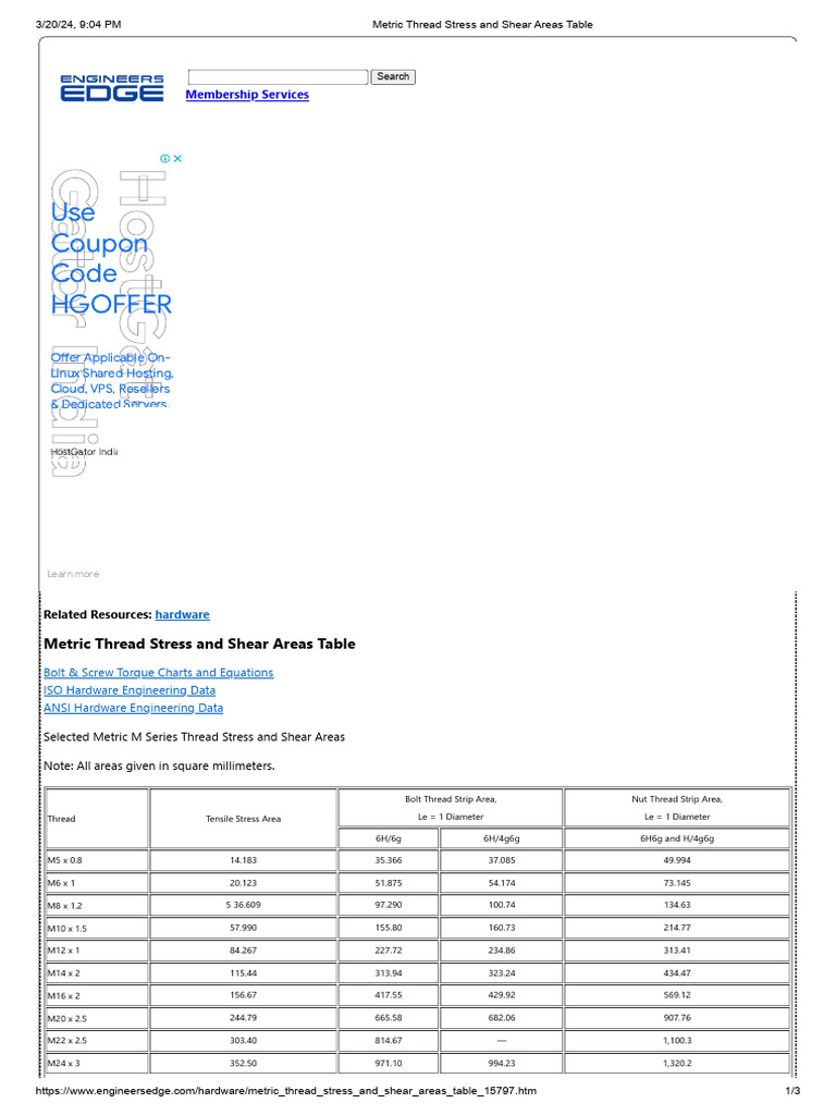 Metric Thread Stress and Shear Areas Table | PDF | Screw | Engineering