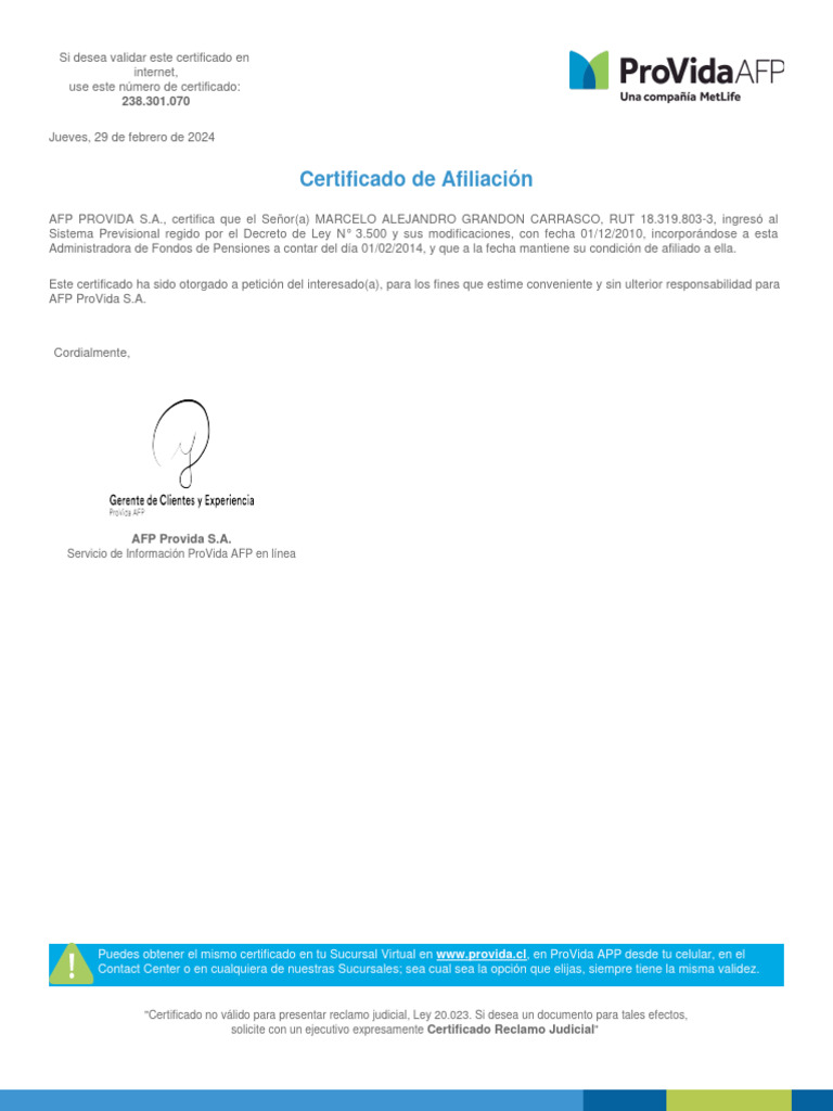 Certificado de Afiliación: Servicio de Información Provida Afp en Línea ...