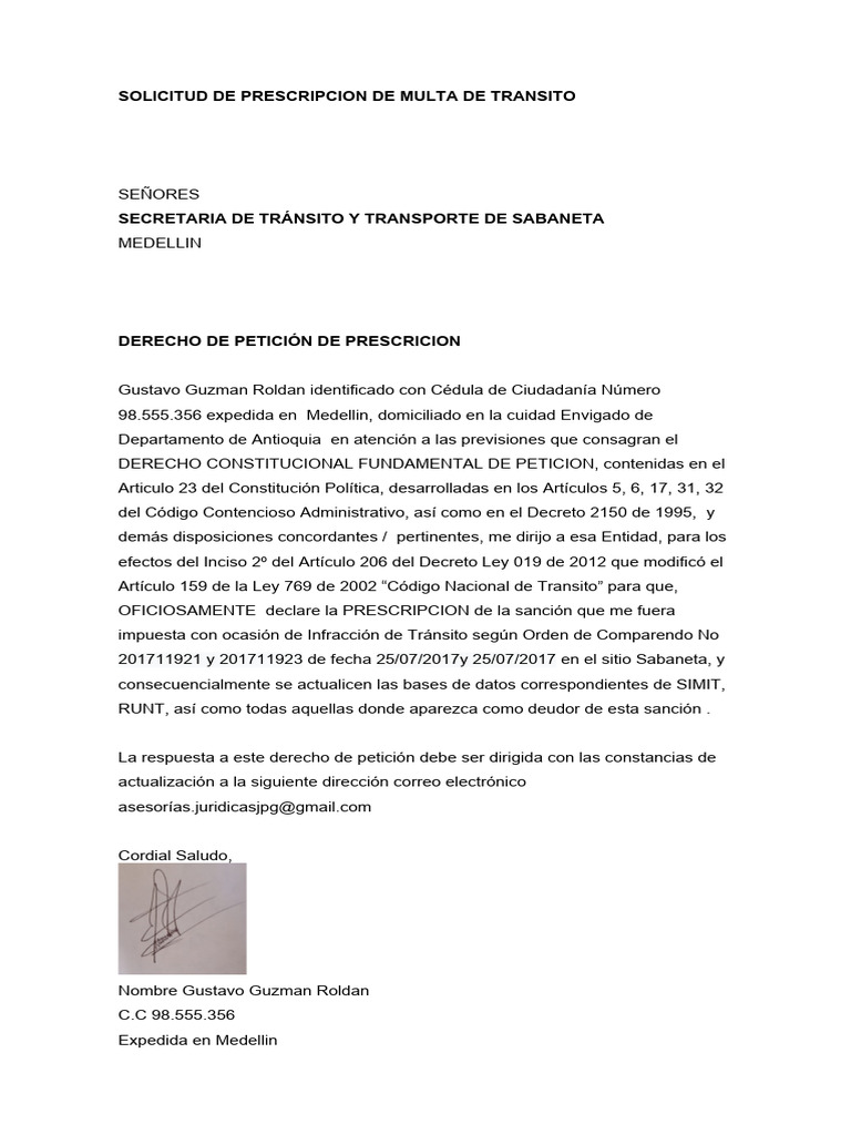 Modelo de Prescripcion de Multa de Transito | PDF | Finanzas y dinero ...