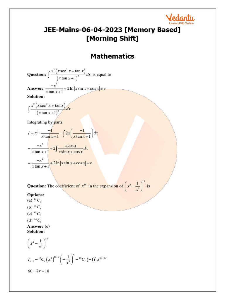 JEE Main 2023 (April 6th Shift 1) Maths Question Paper With Answer Key ...