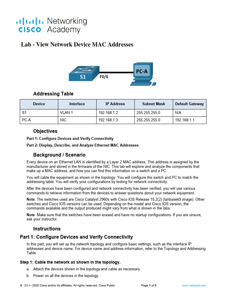 Network Device MAC Address Lab | PDF | Computer Network | Telecommunications Standards