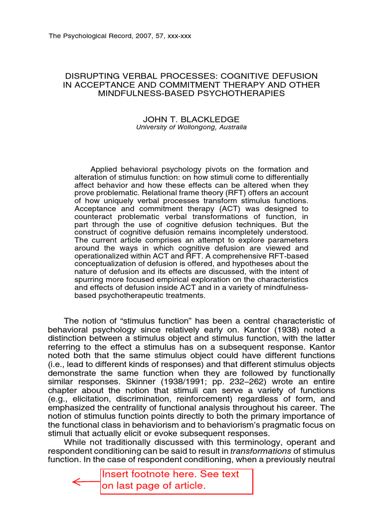 Blackledge_Disrupting Verbal Processes-Cognitive Fusion | PDF | Behaviorism | Classical Conditioning
