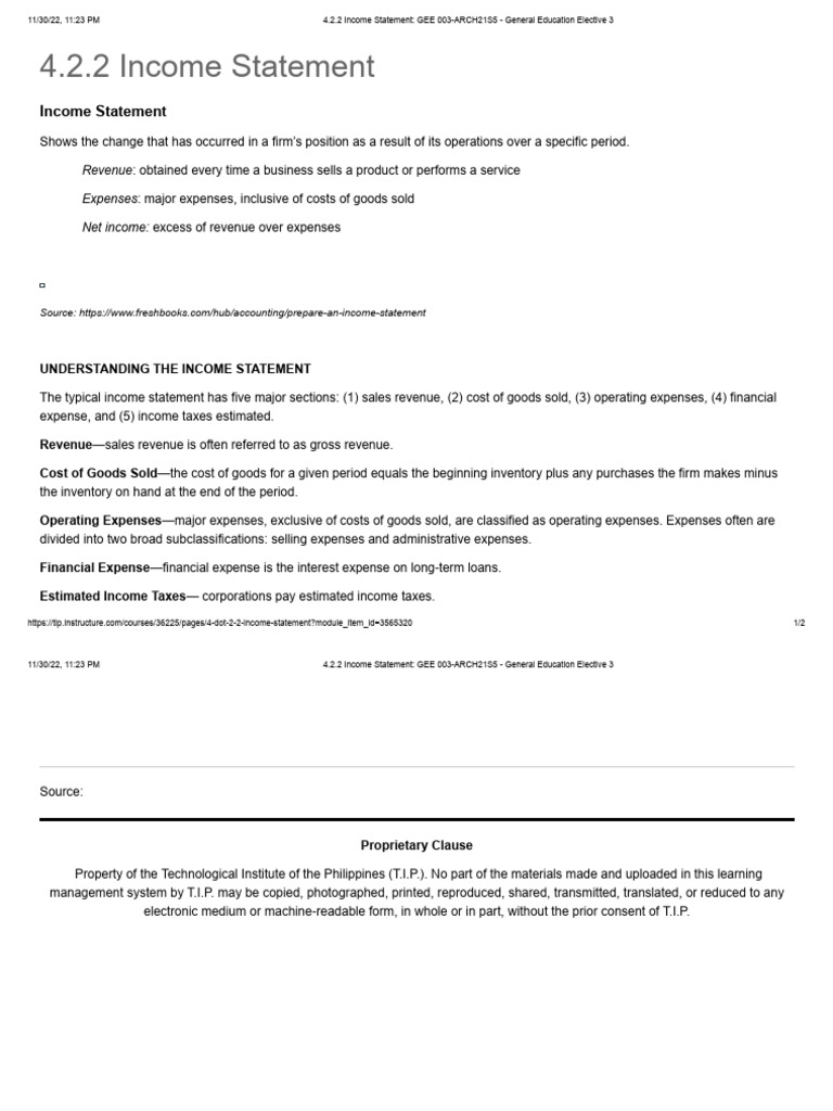 4.2.2 Income Statement - GEE 003-ARCH21S5 - General Education Elective 3-Merged | PDF | Supply ...
