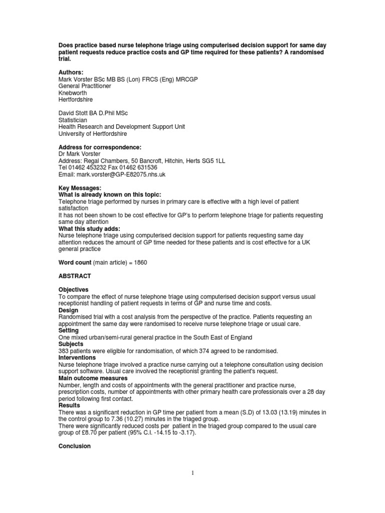 Nurse Triage Reduces GP Time and Costs | PDF | General Practitioner ...