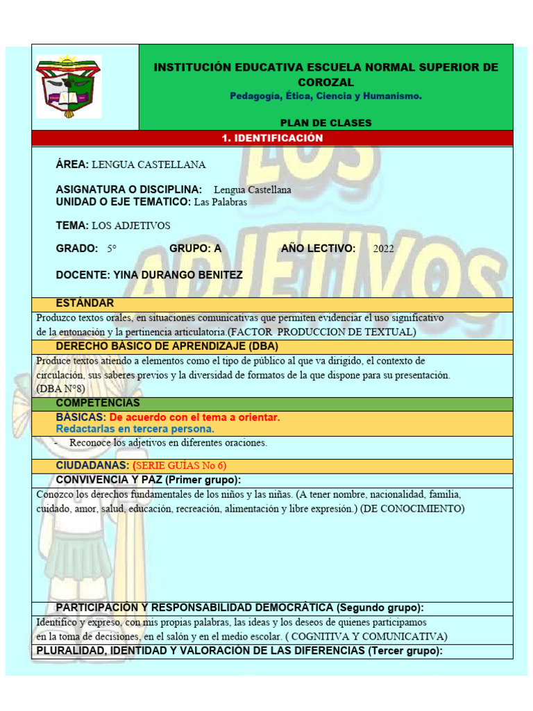 PLAN DE CLASES LENGUA CASTELLANA | PDF | Adjetivo | Sustantivo