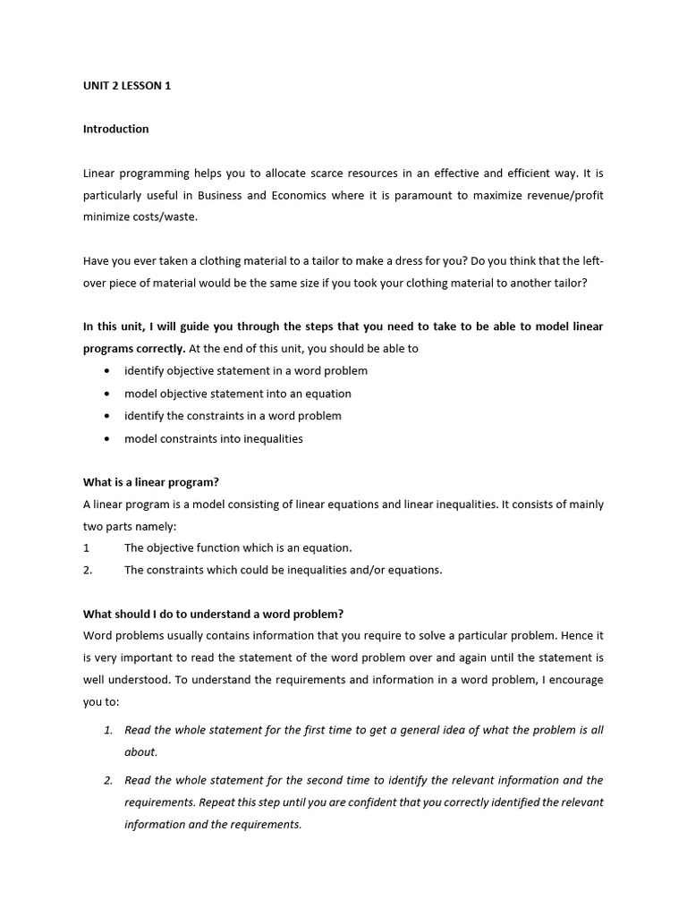 Unit 2 Lesson 1 - e | PDF | Linear Programming | Equations