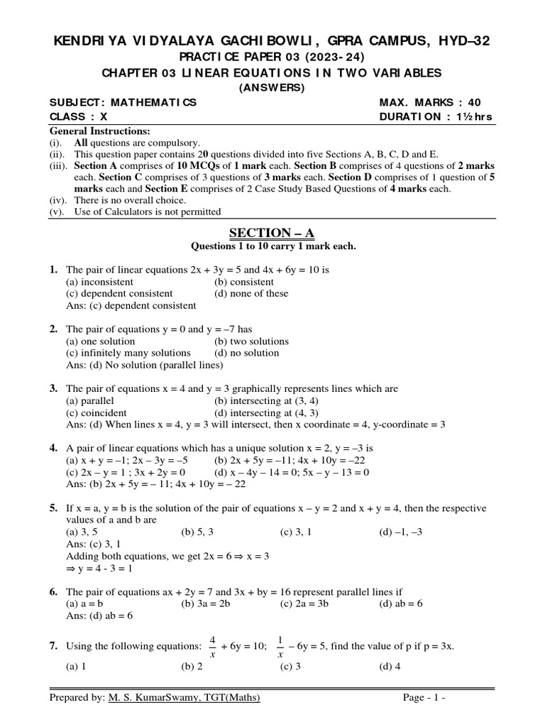 Maths Class X Chapter 03 Linear Equations in Two Variables Practice ...