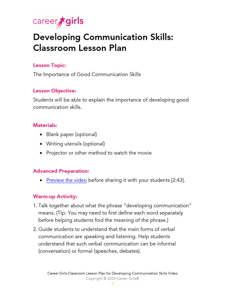 Developing Communication Skills Empowerment Lesson Classroom Lesson Plan | Download Free PDF ...