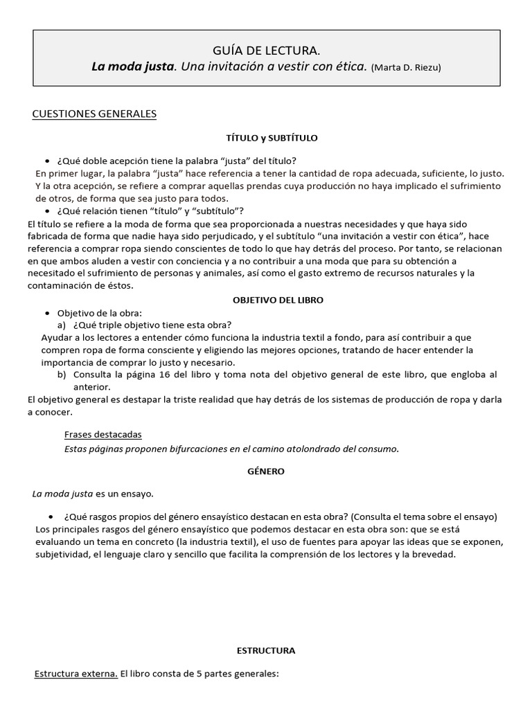 Guía de Lectura. La Moda Justa | PDF | Ensayos | Agua