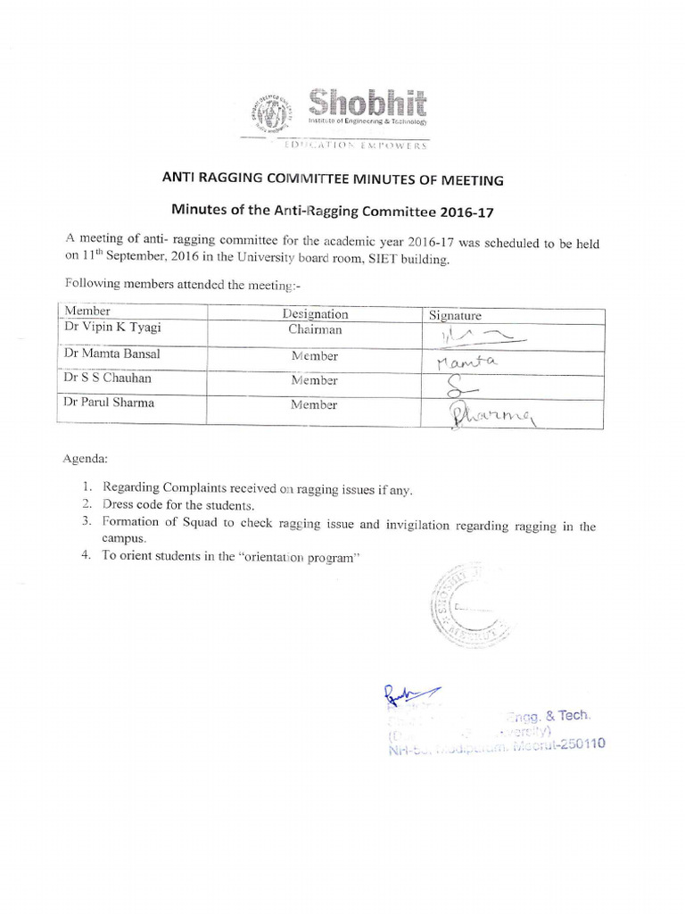 Minutes Anti Ragging Committee | PDF
