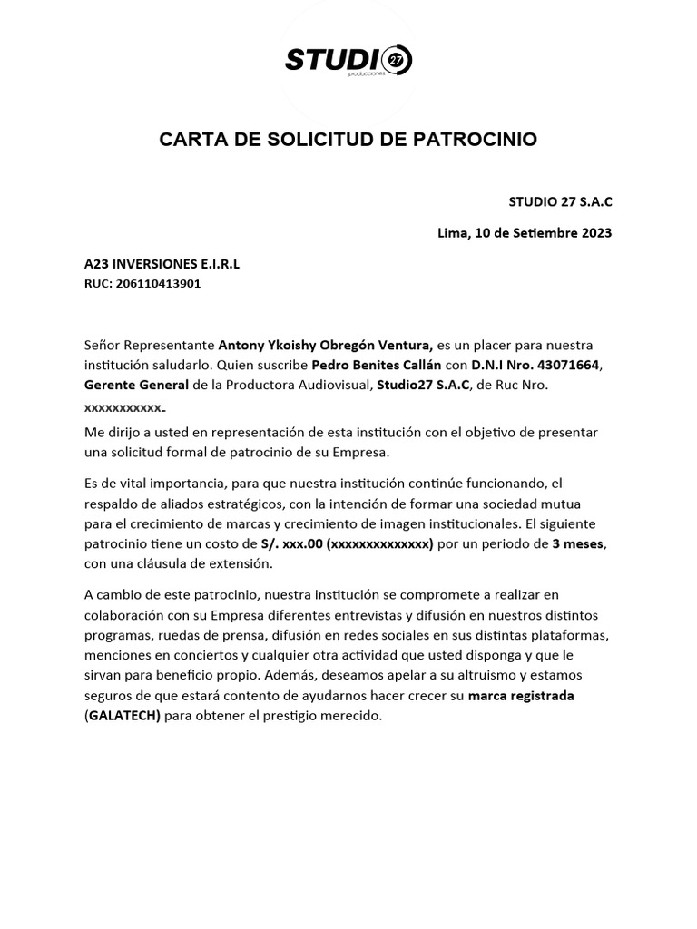 Solicitud de Patrocinio para Studio 27 | PDF | Negocios | Finanzas y dinero