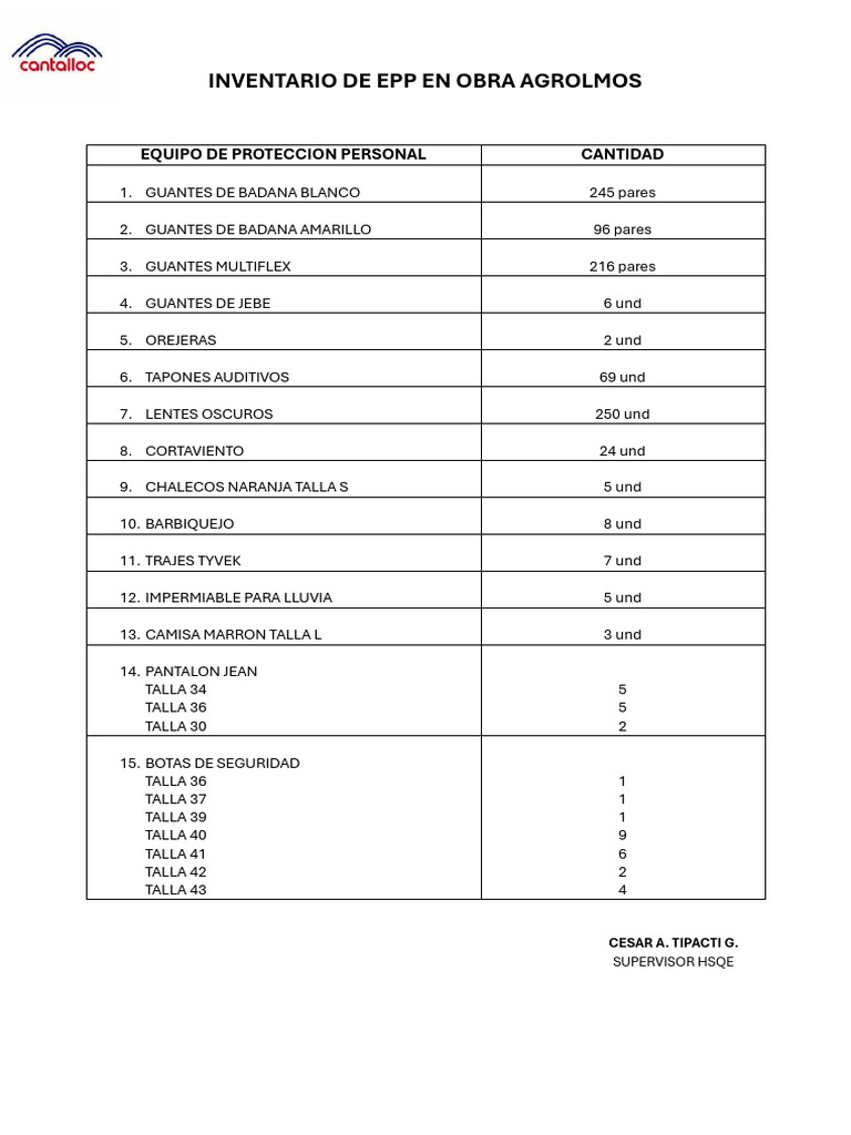 Inventario de Epp en Obra Agrolmos | PDF