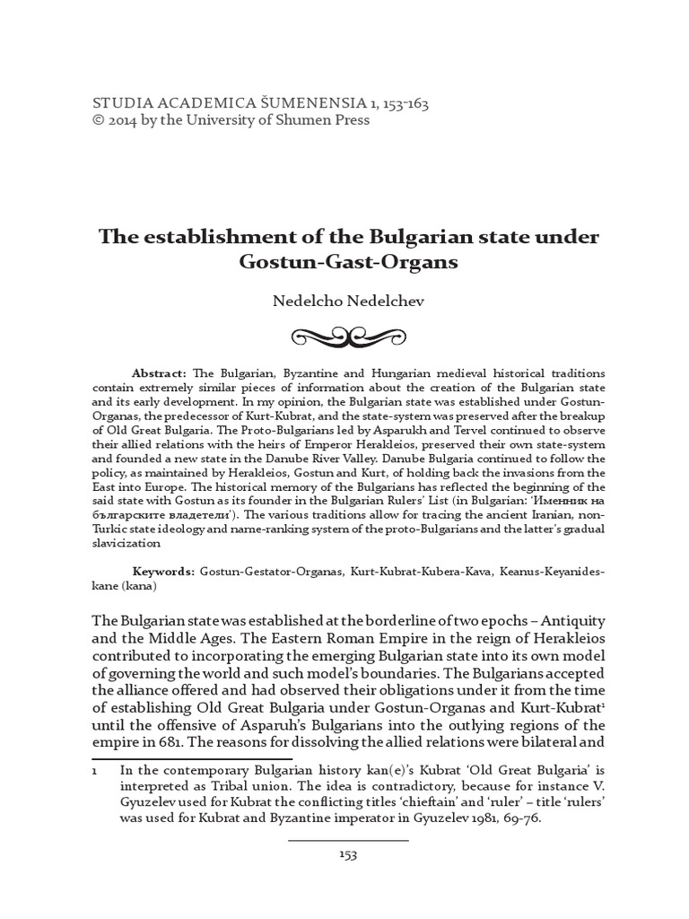 The Establishment of The Bulgarian State Under Gostun-Gast-Organs | PDF ...