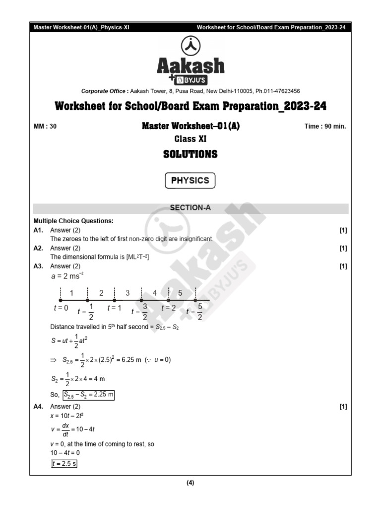 Master WS-01(A)_Physics_XIth_Units & Measurements, Motion in a Straight Line_Sol | PDF ...