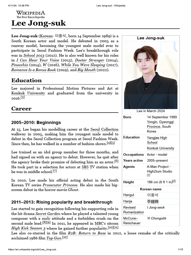 Lee Jong-suk - Wikipedia | PDF | South Korea | World Politics