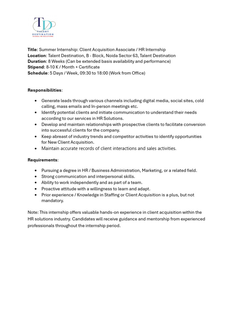 HR Client Acquisition Internship | PDF | Career & Growth