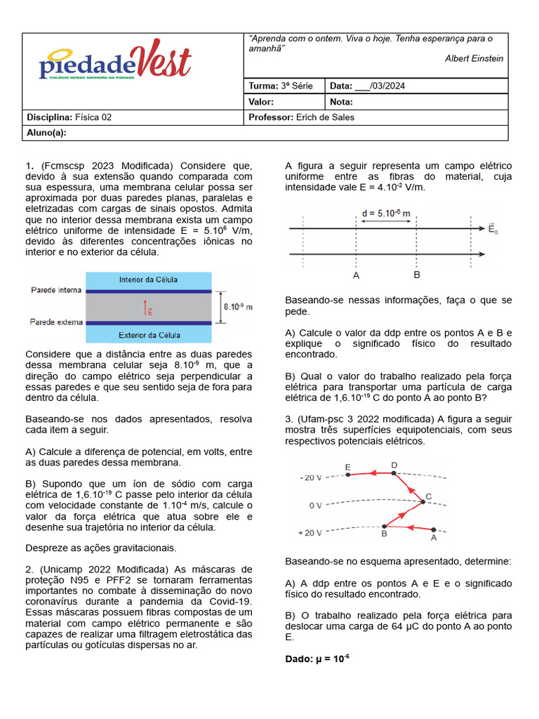 Fís 02 - Campo Elétrico e Potencial Elétrico | PDF | Campo elétrico ...