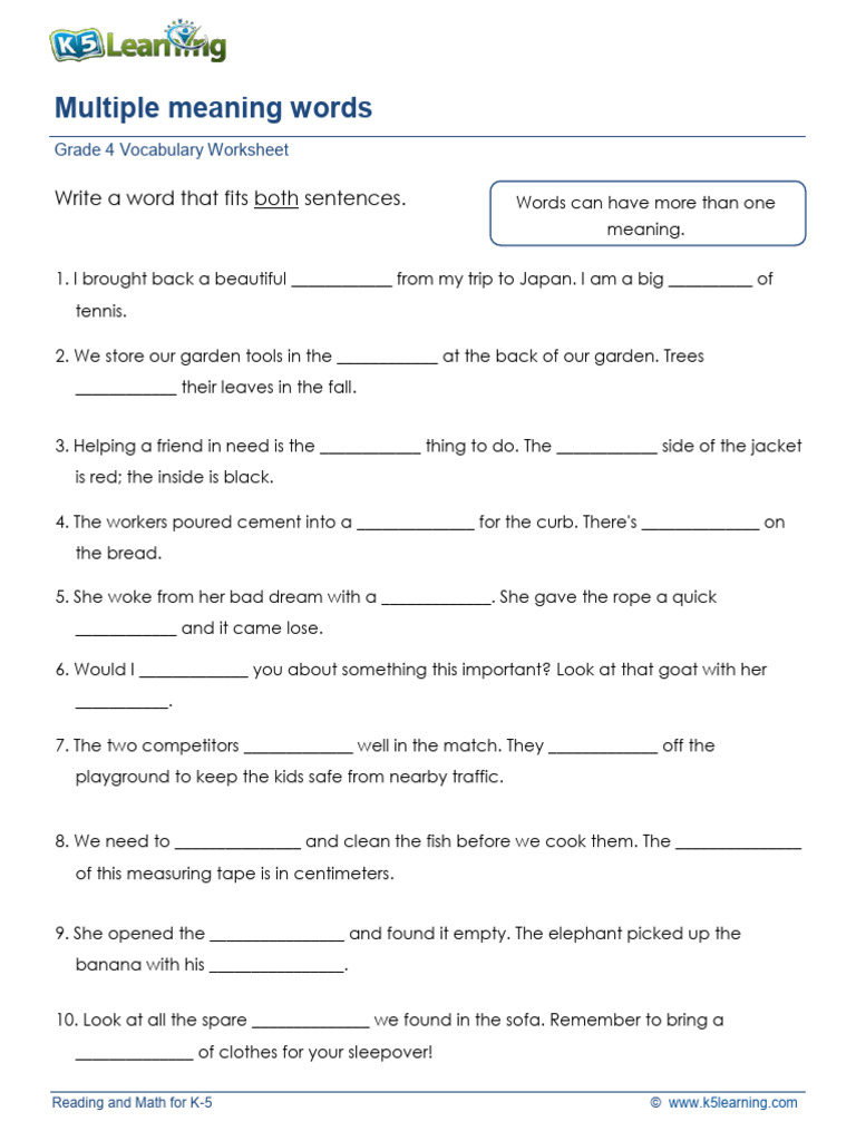 Grade 4 Multiple Meaning Words Worksheet | PDF | Language Arts ...