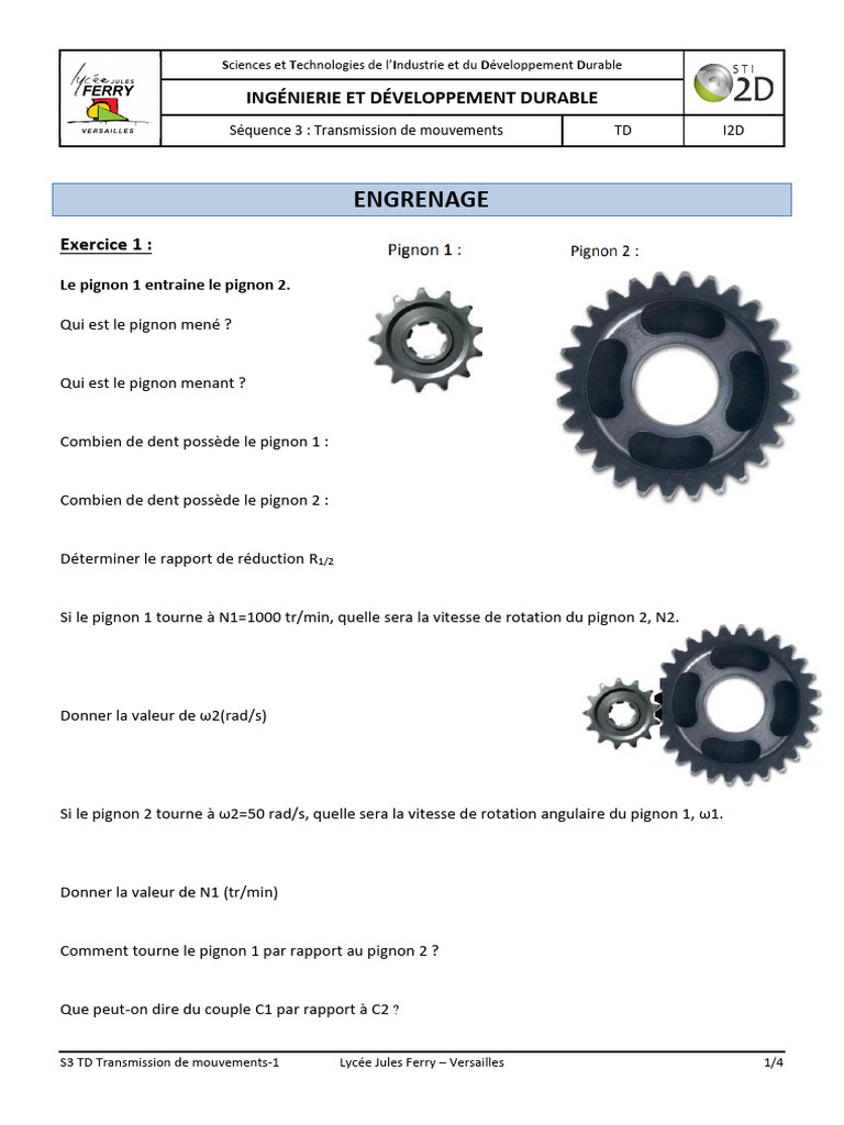 Exercices Corrigés sur Engrenages | PDF | Engrenage | Mouvement (Physique)