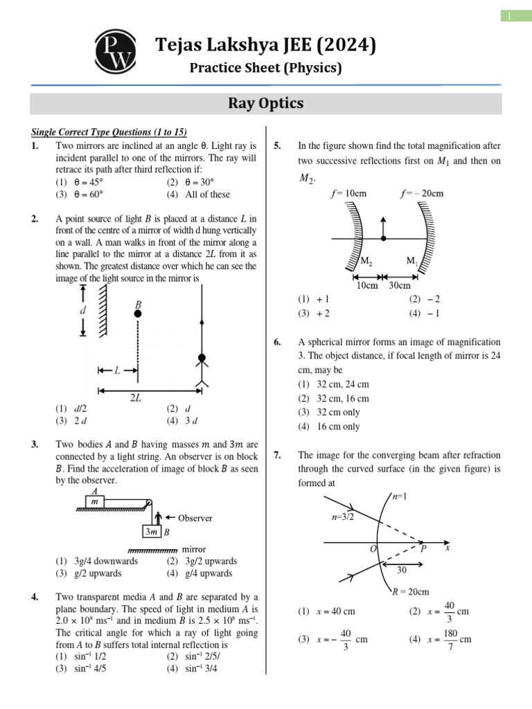 Ray Optics - Practice Sheet - Lakshya JEE 2024 | PDF | Mirror ...