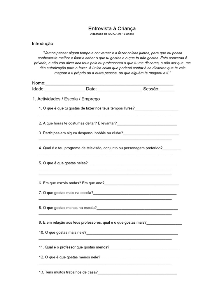 Entrevista Clinica Crianças e Adolescentes - SCICA | PDF