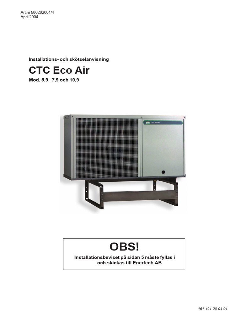 Manualer Tidigare produkter-CTC Eco Air - Mod. 5,9, 7,9 Och 10,9-16110120 | PDF