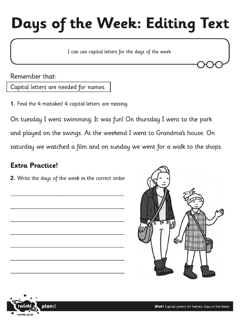 Activity Sheet Days of The Week Editing Text | PDF
