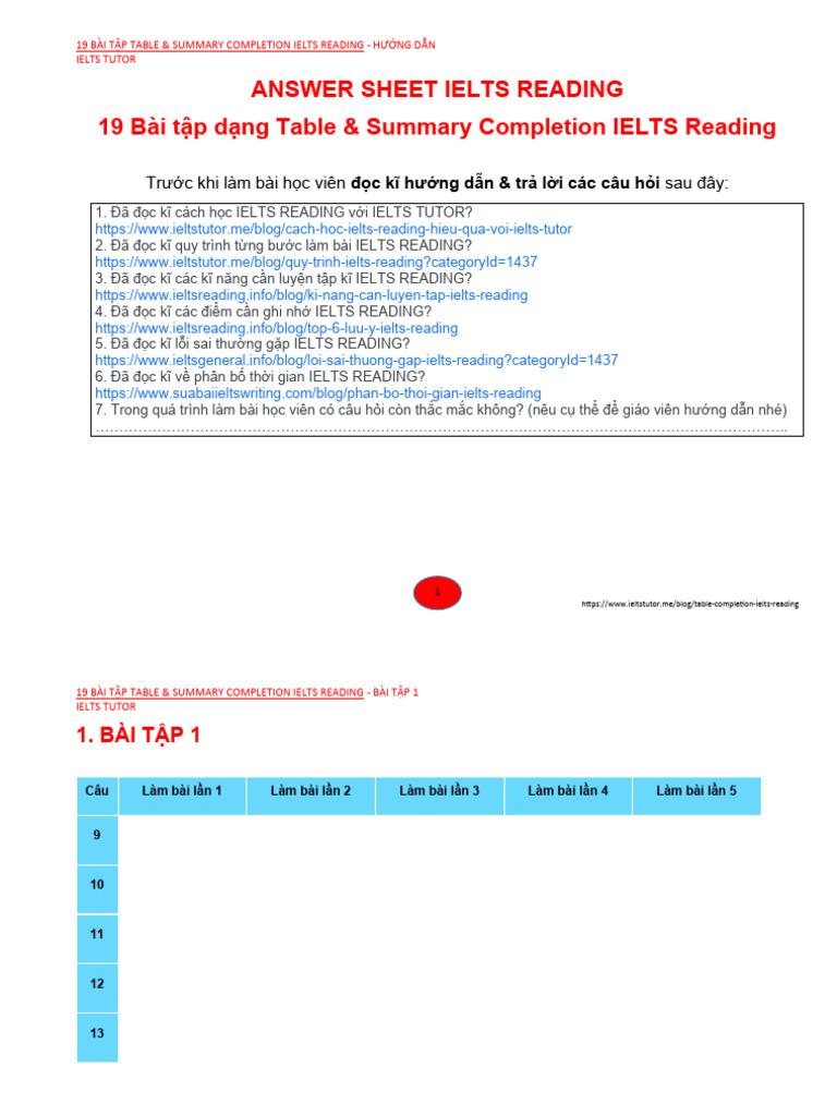 Answer Sheet Ielts Reading - 19 Bài Tập Dạng Table - Summary Completion ...