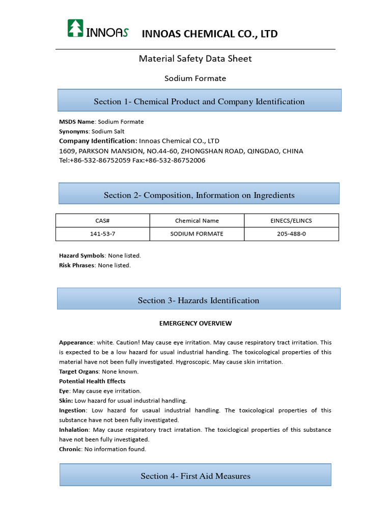 Sodium Formate 98% Msds Innoas | PDF | Breathing | Chemical Substances