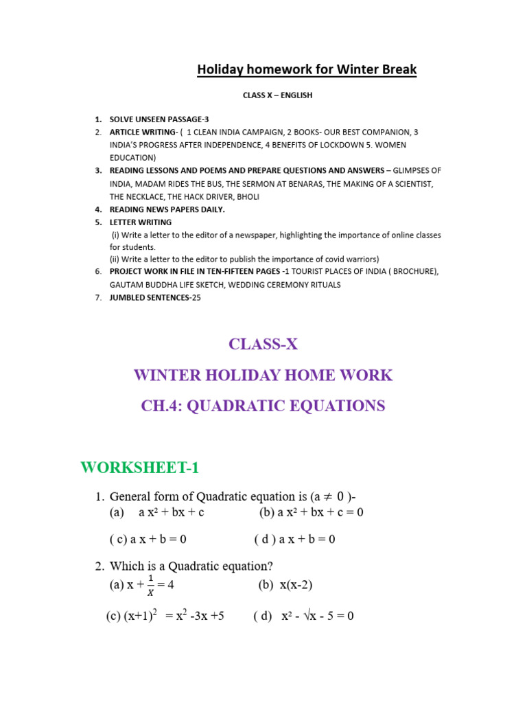 Class 10 Winter Break Maths Homework | PDF | Equations | Mathematical ...